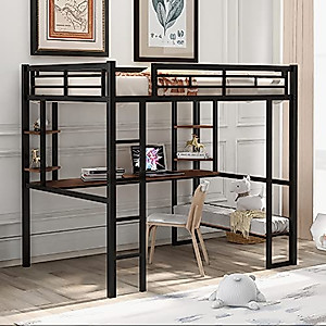 SOFTSEA Full Metal Loft Bed with Desk and Bookcase,Kid’s Industrial Style Loft Bed Full Size for Dorm Bedroom(Full,Black)