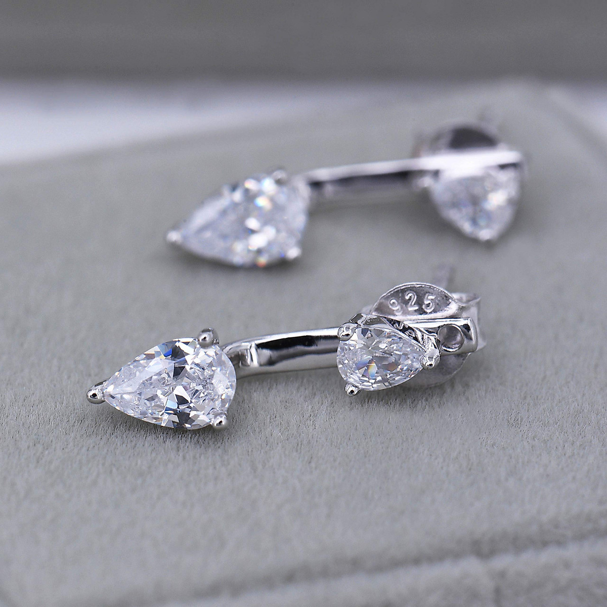 Double Pear Shaped Cubic Zirconia Ear Jacket Earrings in Sterling Silver CZ Front Back Earrings