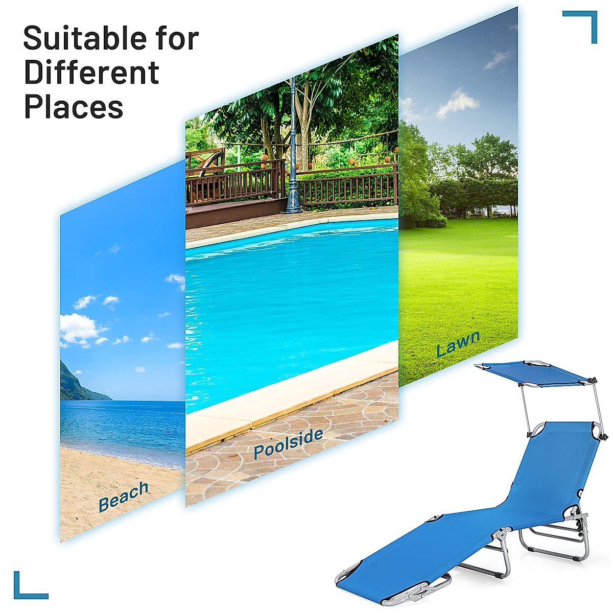 Giantex Outdoor Folding Chaise Lounge, Portable Tanning Chair with 5 Adjustable Positions, 360°Rotatable Canopy Shade, Storage Pocket, Patio Lounge Chair for Beach, Lawn Sunbathing Chair (2, Navy)