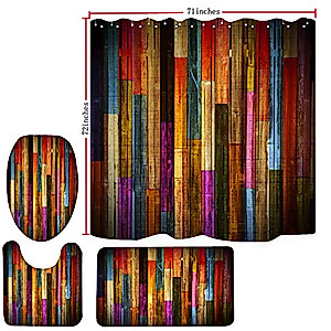 Shower Curtains with Bath Rugs Non-Slip Soft Toilet Lid Cover for Bathroom ,Waterproof Home Tub Curtains Sets with Memory Foam Rugs ,3D Print Durable Polyester Fabric Four-Piece Colored Wood