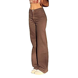 Women High Waisted Pants Wide Leg Denim Jeans Straight Casual Loose Baggy Trousers Vintage Y2K E-Girl Streetwear (Brown, M)