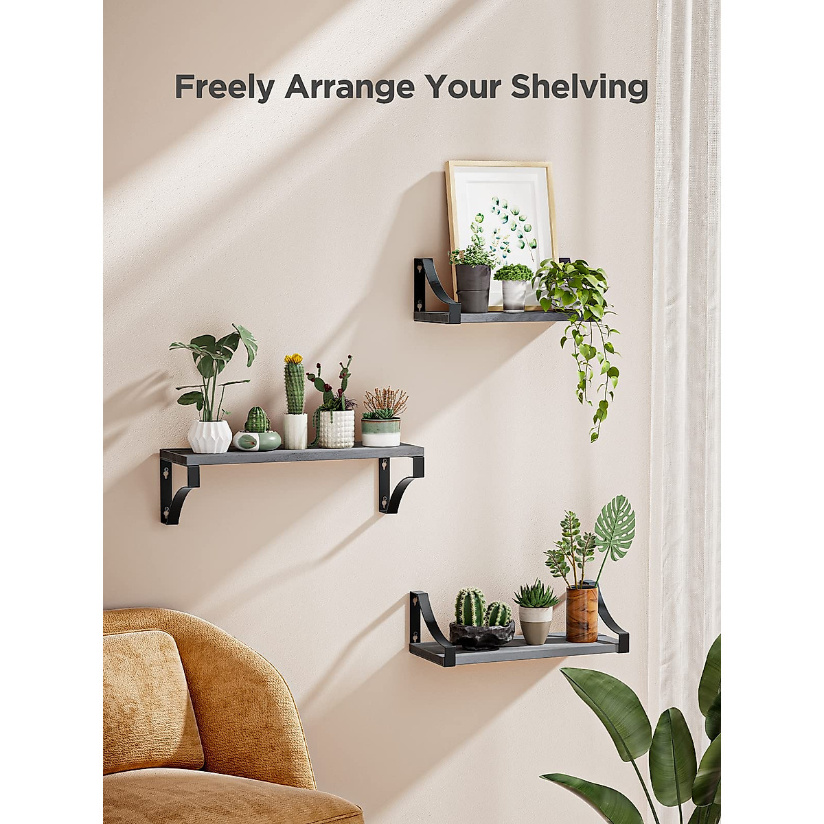 AMADA HOMEFURNISHING Floating Shelves Wall Mounted Set of 3, Rustic Wood Wall Shelves for Bedroom, Bathroom, Living Room, Kitchen, Laundry Room Storage & Decoration, Gray