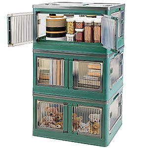 NOCCUR 3 Pack Stackable Storage Bins with Lids - 23Gal Green Plastic Storage Bins - Folding Storage Box - Foldable Plastic Storage Container with Lids and Doors - for Book Storage,Study Room