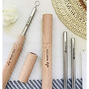 Reusable Metal Stainless Steel Straws: 2 Travel Reusable Straws + 1 Wooden Case + 1 Cotton Cleaning Brush + 1 Pouch, for Hot and Cold Drinks, Portable for Personal Use, 8.5 inches, by Ecotribe