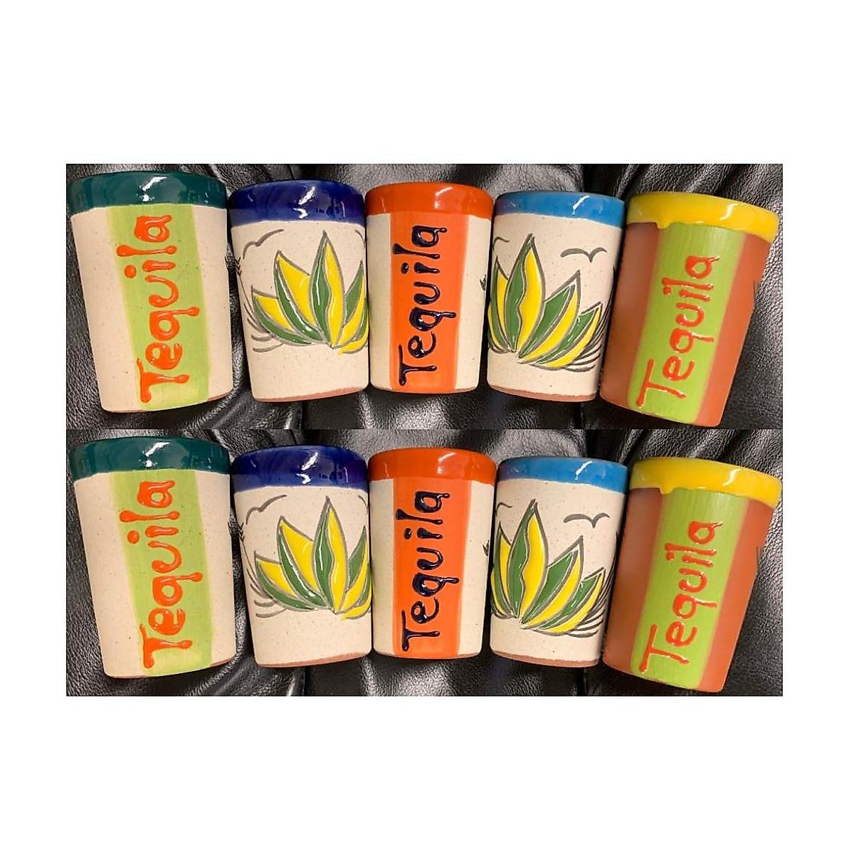 Artist Unknown Made In Mexico Hand Painted Design Pottery Barro Clay Tequila Shots Glasses Set of 10 Assorted - Vaso Tequilero