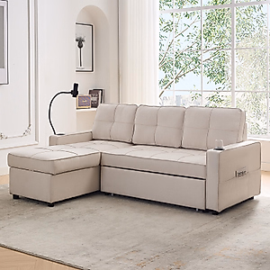 Bumblr Sleeper Sofa Couch with Pullout Bed for Living Room, Modular Sectional Sofa Bed with Storage Chaise, 3 Seater L Shape Couch with Cup Holders, USB Port and Phone Holder, Beige
