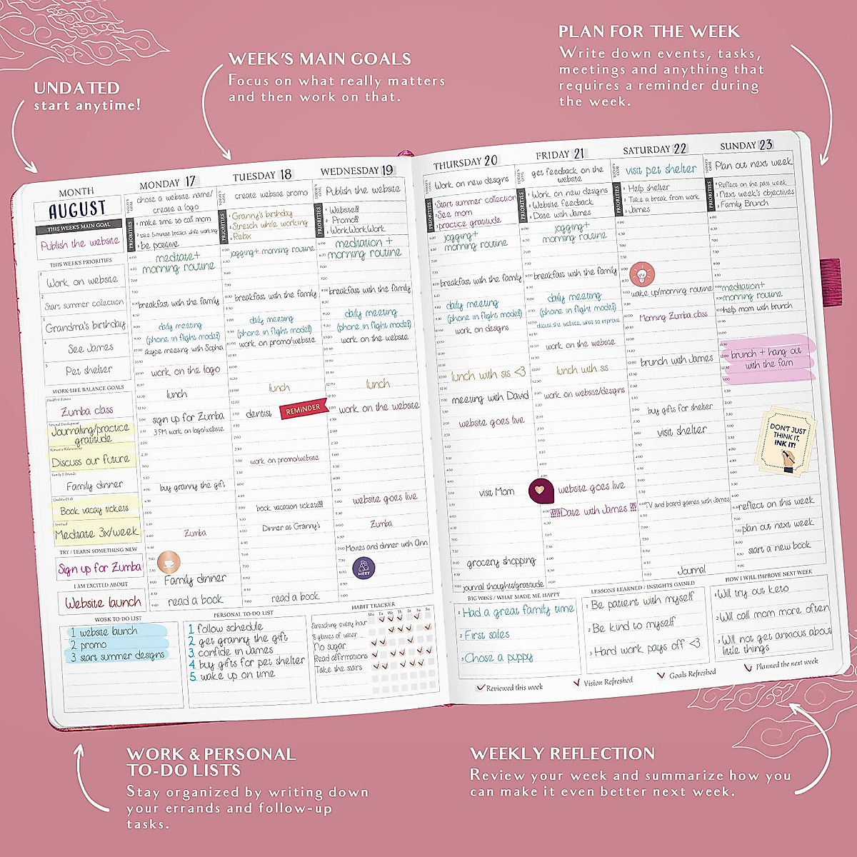 Legend Planner PRO Hourly Schedule - Weekly & Daily Organizer with Time Slots. Appointment Book Journal for Work & Personal, A4 (Hot Pink)