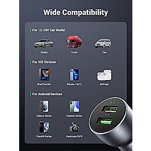 UGREEN USB Car Charger 36W - 12V USB Charger Multi Ports Fast Car Charger Adapter Compatible with iPhone 14/13/12/11/SE/XR, Galaxy S22/S21/S20/S10/Note 20, Pixel 5/4/3 (USB A to C Cable Included)