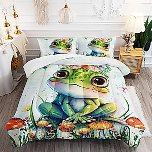 AILONEN Cute Frog Comforter Set Twin Size, Cartoon Mushroom Bedding Set for Boys Girls,Watercolor Amphibian Animal Theme Girls Kawaii Bed in a Bag 3 Pieces, 1 Quilt and 2 Pillowcases