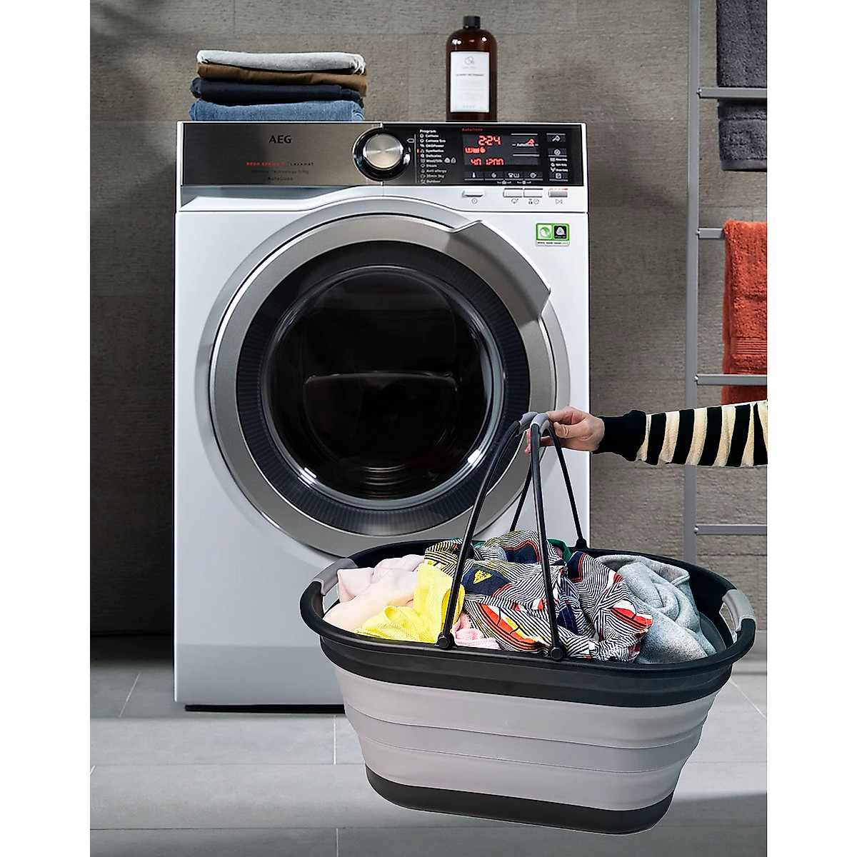 SAMMART 38L (10 Gallons) Collapsible Plastic Laundry Basket - Foldable Storage Container/Organizer - Portable Washing Tub - Space Saving Laundry Hamper (Black/Alloy Grey)