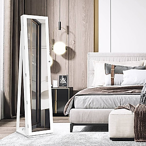 COSTWAY Standing Jewelry Cabinet, Large Capacity Jewelry Organizer w/Full-Length Mirror & Rear Storage Shelves, Lockable Mirror Jewelry Armoire with Keys for Girls Women (White)