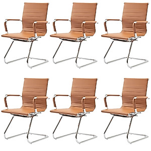 HNY Leather Office Guest Chairs & Reception Chairs Set of 6, Modern Waiting Room Chairs with Arms, Desk Chair no Wheels with Sled Base for Waiting Room/Conference Room, Cognac