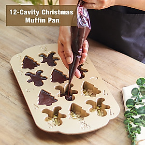 Wehome Gingerbread Cake Pan Cakelet Pan，Non-stick Cast Aluminum Muffin Pan，12-Cavity Snowman and Christmas Tree Gingerbread Baking Pan，Heavy-gauge Bakeware Pan