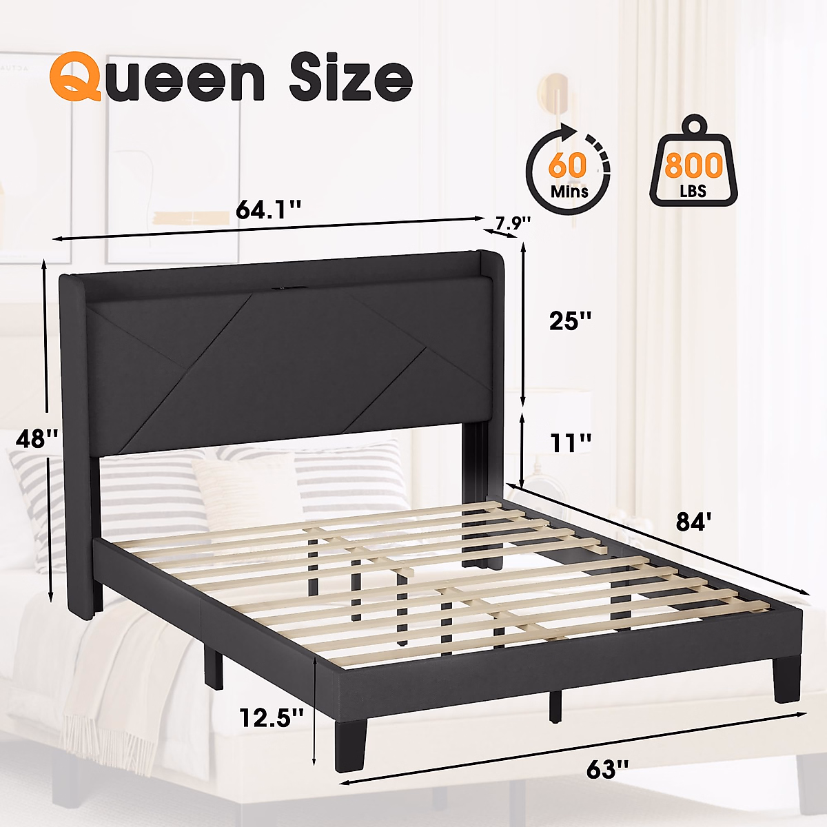 Lifezone Queen Bed Frame with Headboard, Queen Bed Frame with Charging Station, Upholstered Bed Frame with Wingback Shelf, Under-Bed Storage, No Box Spring Needed,Easily Assemble, Dark Grey