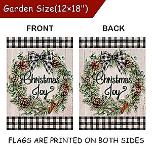 Selmad Christmas Joy Wreath Decorative Burlap Garden Flag, Xmas Buffalo Plaid Check Farmhouse Home Yard Small Outdoor Decor, Winter Pine Cone Outside Decoration Double Sided 12 x 18