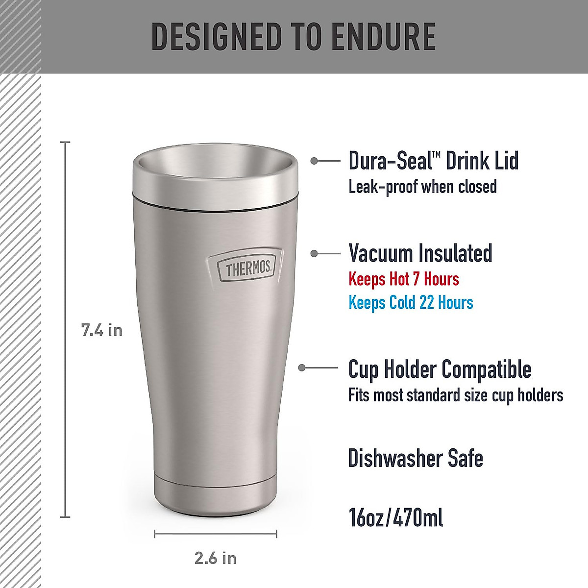 THERMOS ICON SERIES, Stainless Steel Tumbler, Matte Stainless Steel, 16 oz