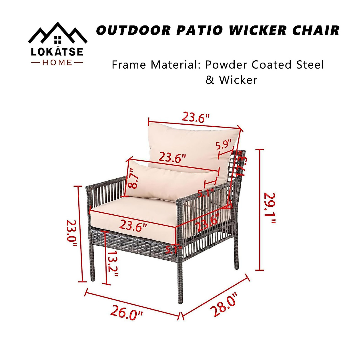 LOKATSE HOME 2 Piece Patio Dining Club Chairs Wicker Rattan Furniture Thick Cushion Seat, Beige