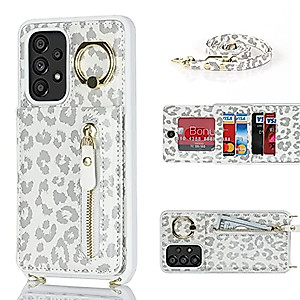 Jaorty Samsung Galaxy A53 5G Phone Case for Women with Card Holder,Samsung A53 Case Wallet Crossbody Lanyard with Strap,Credit Card Slots Kickstand Case with Ring Holder,6.5 Inch,White Leopard