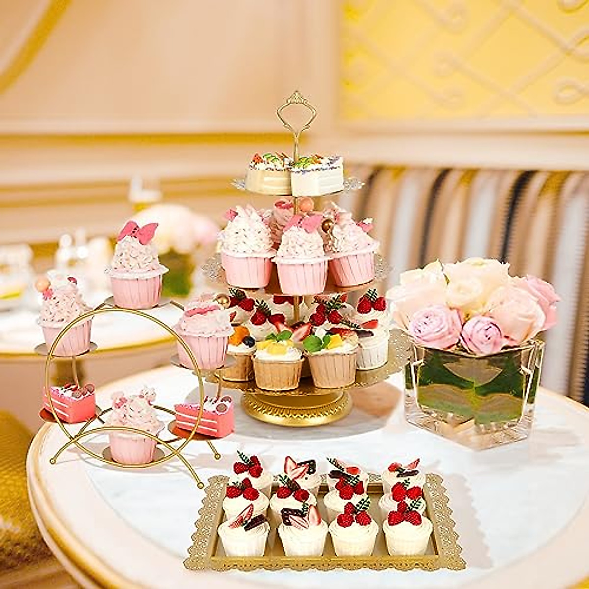 7Pc Cake Stand Set Gold Metal Dessert Table Display Round Tiered Gold Cupcake Stand Macaron Ferris Wheel Holder Cookies Serving Trays Fruit Plates for Tea Party Wedding Birthday Baby Shower Decoration
