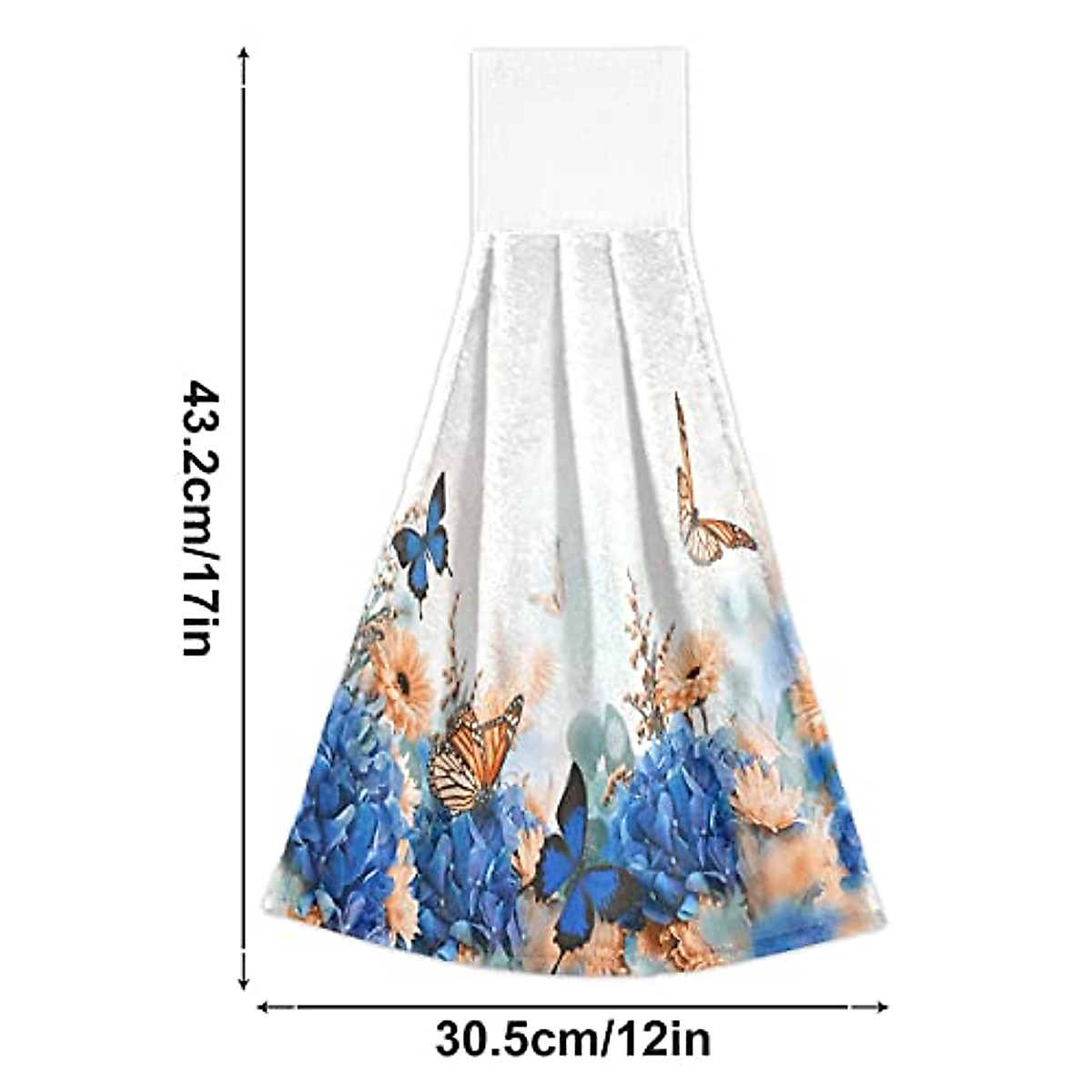 Butterflies Hanging Kitchen Towels Blue Flowers Floral Hand Towel 2PCS Dish Cloth Tie Towel Absorbent Oven Stove Washcloth with Loop for Bathroom Home Decorative