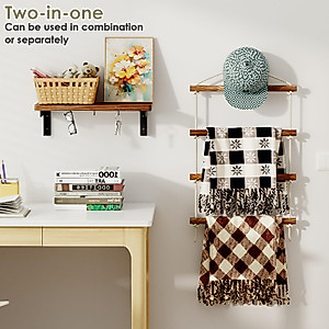 Delywh 5 Tier Wall Blanket Ladder Floating Shelves, with Rustic Rope Wooden Blanket Storage, Throw, Towel, Quilt Rack for The Living Room, Bathroom, Bedroom, Farmhouse Wall Blanket Holder, Brown