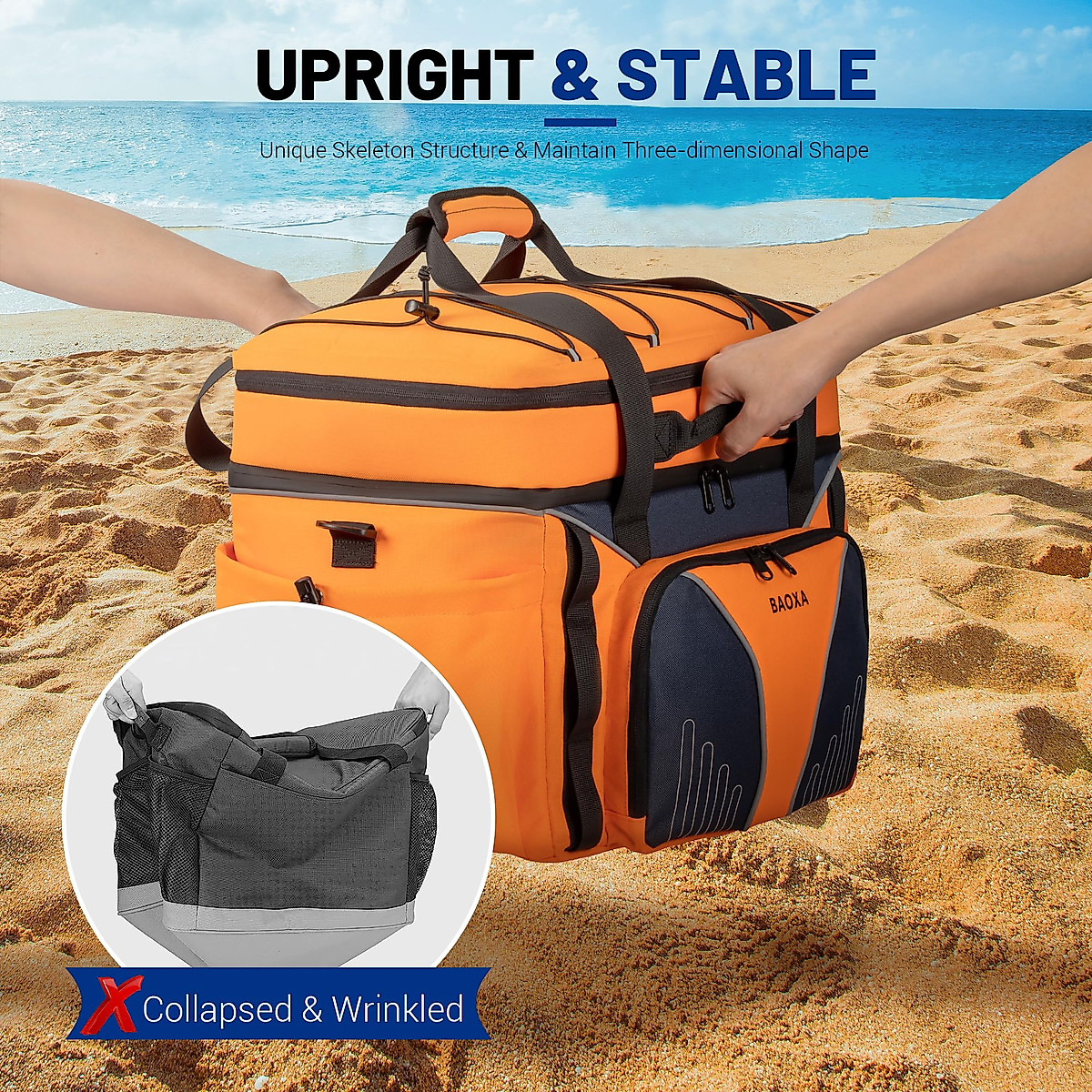 BAOXA Dual Compartment Soft Sided Cooler Bag, 55 Cans Collapsible Lunch Cooler Bags Insulated, Large Lunch Box for Men, Leak proof Lunch Bag for Beach Camping Travel Picnic (Orange)