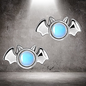 Halloween Moonstone Bat Earrings Sterling Silver Vampire studs for Women Hypoallergenic Piercing Stud for Sensitive Ears Fashion Gothic Jewelry