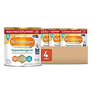 Enfamil Nutramigen Hypoallergenic Baby Formula with Iron, Lactose Free, Colic Relief from Cow's Milk Allergy Starts in 24 Hours, Brain Building DHA, Probiotic LGG for Immune Support, 19.8 Oz, 4 Count