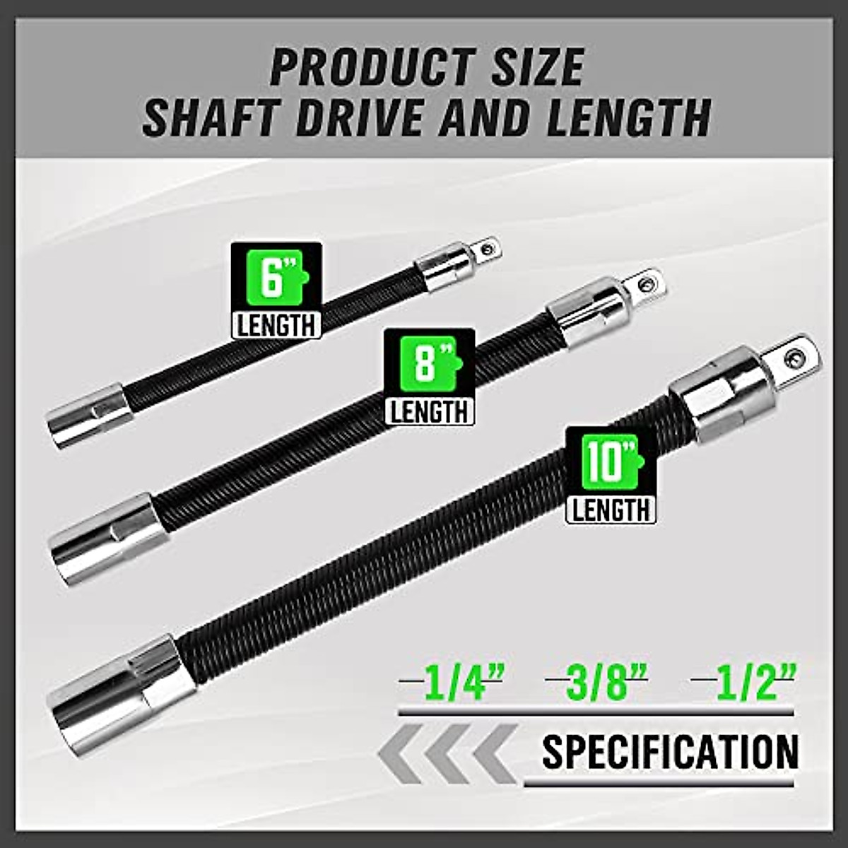 SWANLAKE 3-PIECE Flexible Socket Extension Bar Set 1/2" 1/4" 3/8" Shaft Drive 10" 8" 6"