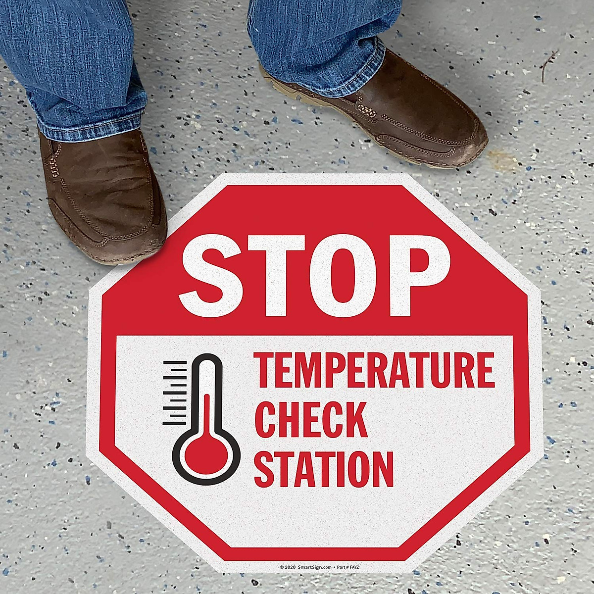 SmartSign “Stop - Temperature Check Station” Anti Slip Adhesive Octagonal Floor Sign | 17" x 17"