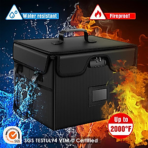 AMBOR File Box with Lock, Fireproof Document Box with 5 Tabs, Collapsible File Organizer with Handle for Letter & Legal Size Folder/Certifications/Books/Toys Storage, Black