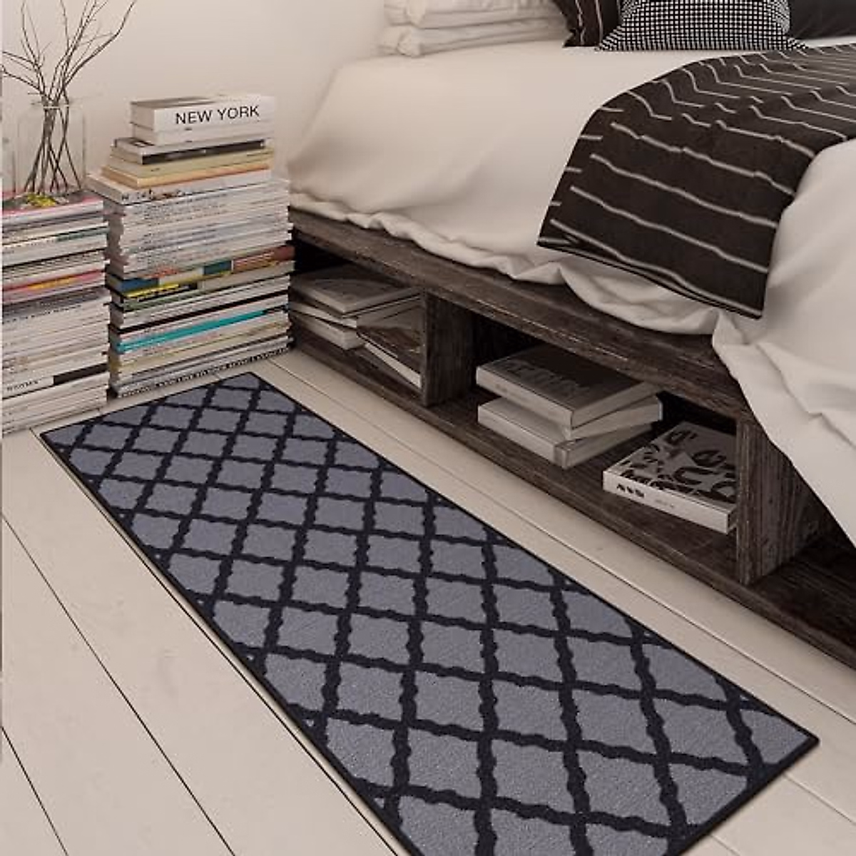 Machine Washable Moroccan Trellis Design Non-Slip Rubberback 2x5 Traditional Indoor Runner Rug for Hallway, Kitchen, Bedroom, Entryway, 20" x 59", Dark Gray