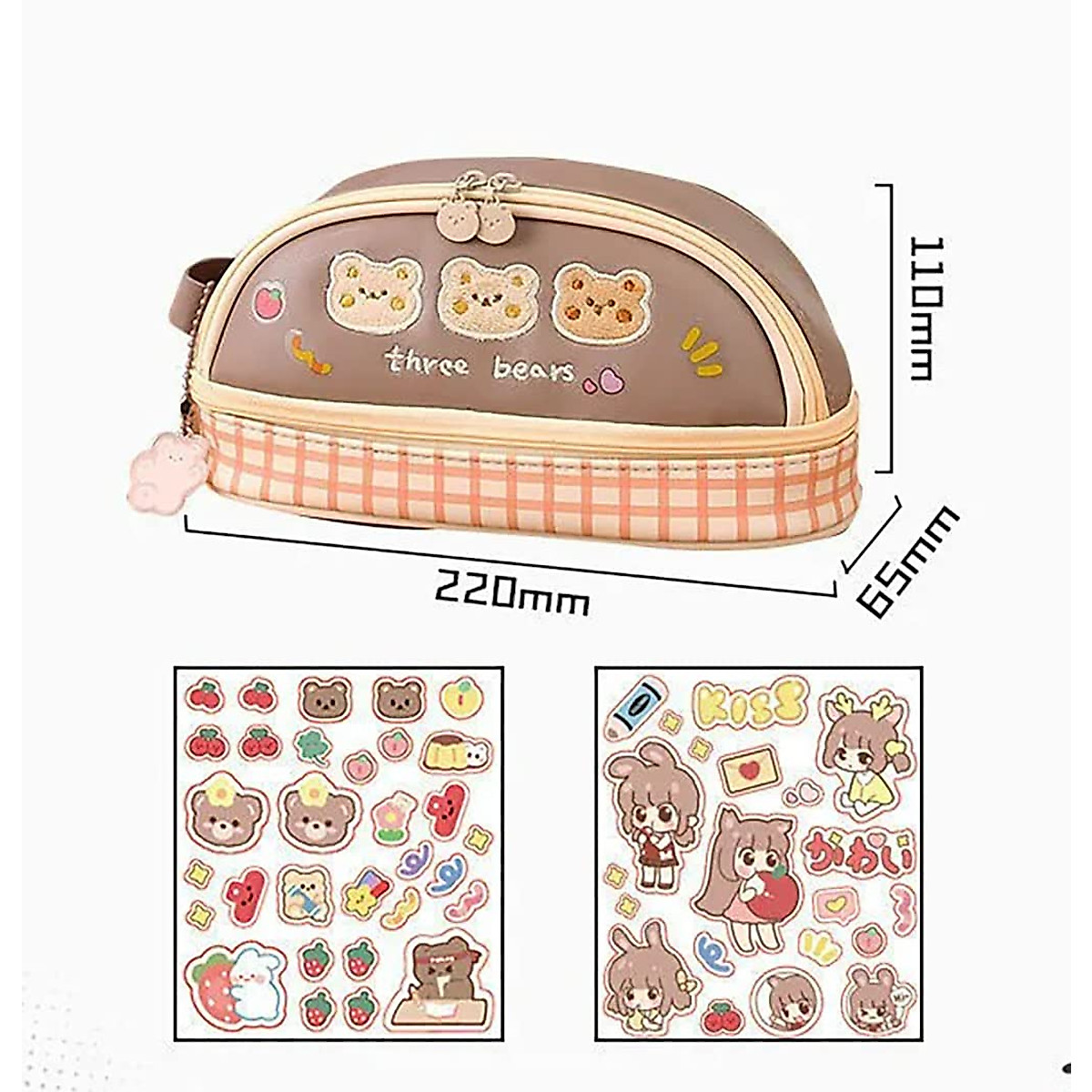 AONUOWE Kawaii Pencil Case with Sticker Cute Bear Pink Pencil Cases Large Pencil Pouch Kawaii Stationery Supplies (Boba Bear)