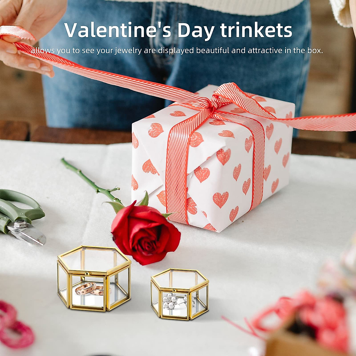 BEAUTY ONE HOME Small Glass Jewelry Box Golden Geometric Decorative Box Ring Earring Display Hexagon Keepsake Box for Wedding Birthday Gift