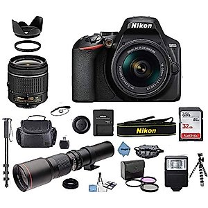Nikon D3500 24.2MP DSLR Camera + AF-P DX 18-55mm VR NIKKOR Lens + 500mm Preset f/8 Telephoto Lens + Accessory Bundle + Inspire Digital Cloth nkd3500bundlew500mm (Renewed)