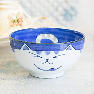 JapanBargain, Japanese Porcelain Bowl Soup Bowl Rice Bowl Udon Bowl Ramen Noodle Soup Bowl Cereal Bowl Made in Japan, Blue Smiling Cat Maneki Neko Pattern (1, Bowl 5-inch) Product Name