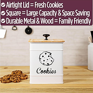 Cookie Jar with Airtight Lid - 1 Gallon - 6"D x 8"H White Iron Cookie Tin with Bamboo Lid - Large Cookie Jars with Lids Airtight - Farmhouse Cookie Jars for Kitchen Counter Decorative - Cookies Jar