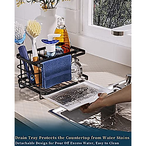 Consumest Sponge Holder Kitchen Sink Caddy Organizer, kitchen sink organizer with Drip Tray for Countertop, SUS304 Stainless Steel Rustproof Soap Sponge and Dish Brush Holder - Black