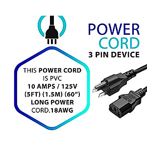 Standard 5ft (1.5m) 10 Amps 125 Volts Black 3 Prong AC Power Cord Cable for Electronics, TV, Computer, Printer, Radio, Monitor, Samsung, Dell, Vizio, LG, Asus, Laptop and More