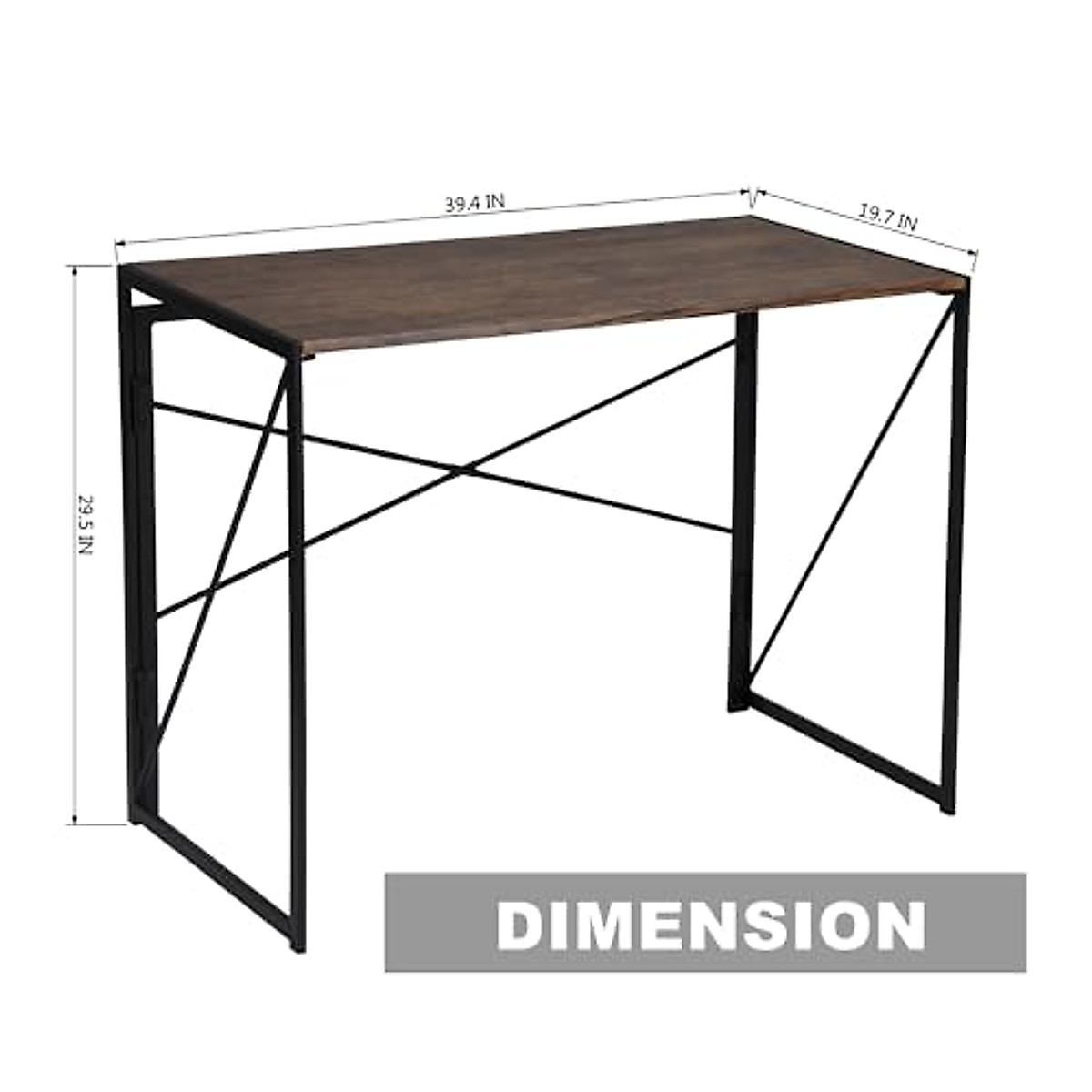 Folding Desk Simple Home Office Desk, Foldable Space Saving Computer Study Writing Table Workstation with Metal Frames/Wood Top Laptop, No Assembly Required, 39.4 Inch, Industrial Brown