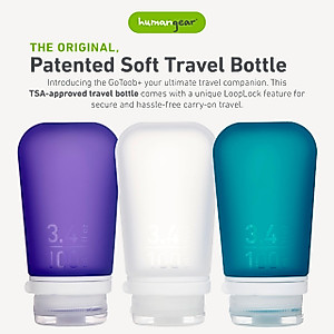humangear GoToob+ 3-Pack (Large) | Refillable Silicone Travel Bottle | Locking Lid | Food-Safe Material, Clear/Purple/Teal, Large (3.4 fl.oz.; 100ml)