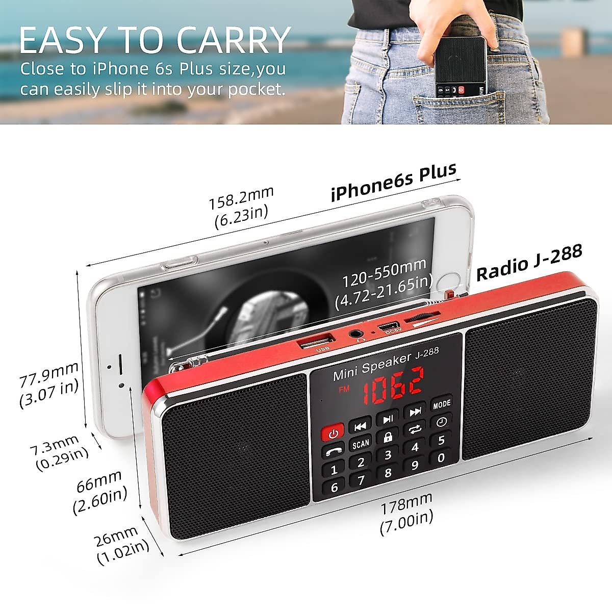 PRUNUS J-288 Portable Radio AM FM Radio with Bluetooth Speaker, Sleep Timer, Power-Saving Display, Ultra-Long Antenna, AUX Input & USB Disk & TF Card MP3 Player, NO Manual Preset