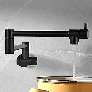 VALISY Lead-Free Solid Brass Single Hole Two Handle Matte Black Wall Mount Pot Filler Faucet，Copper Faucets for Kitchen Sink & Stove Folding Stretchable with 360° Swivel Double Joint Swing Arm