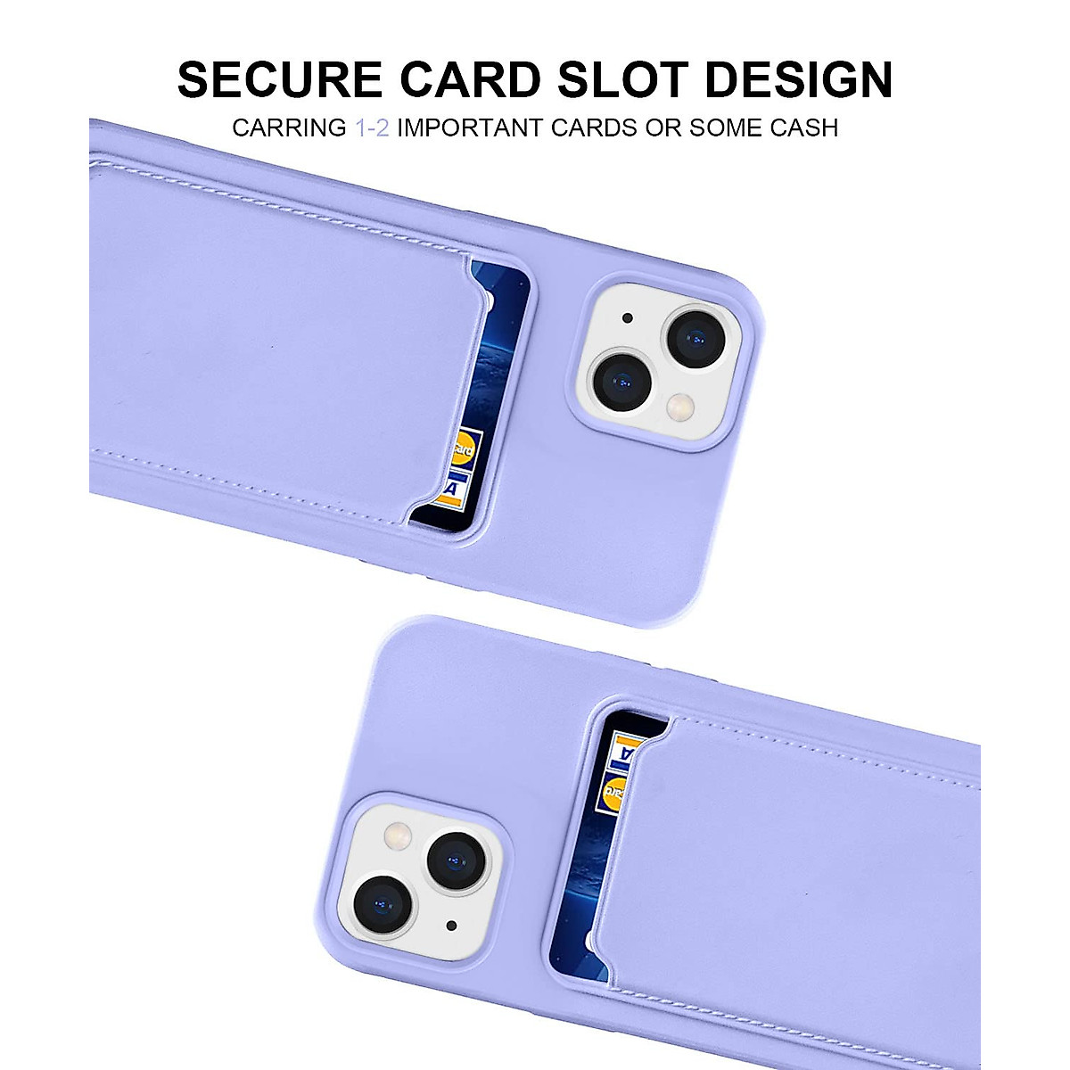 Silicone Wallet Case Compatible with iPhone 13 Case with card holder & iPhone 14 Case with Card Holder, Shock-Absorbing, Soft Slim Card Holder Case Designed for iPhone 13 /iPhone 14 (6.1 inch)-Purple