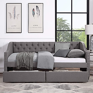 Oudiec Upholstered Twin Size daybed with Drawers,Pine Wood Bed Frame Bedroom Furniture Bedframe with Headboard & Wood Slat Support,No Box Spring Needed, Gray