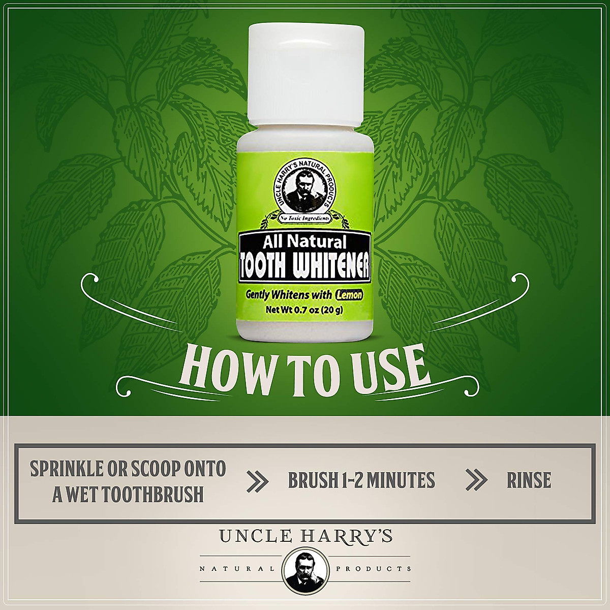 Uncle Harry's Tooth Whitener Powder | All Natural Enamel Support & Whitening Toothpaste for Sensitive Teeth | Powder Toothpaste for Gum Health & Fresh Breath (0.7 oz)