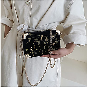 HANDAFA Elegant Velvet Clutch Handbag Star and Moon Evening Bag Chain Box Bag For Wedding Party(Black)