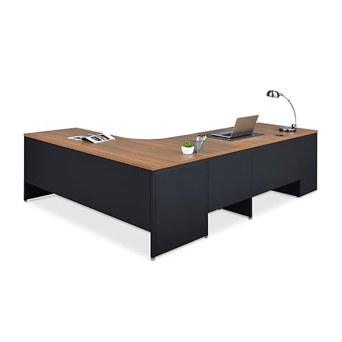 NBF L Shaped Executive Office Desk - Durable Laminate Computer Desk with Three Drawers - Modern Desk with Storage and File Cabinet - 72" Wx 96" D Work Desk for Working Home (Gray, Maple)