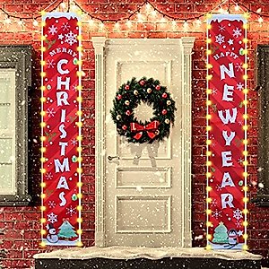 Christmas Decorations Banner Sign with String Lights, Merry Christmas Happy New Year Banner Xmas Porch Door Sign for Indoor Outdoor Wall Hanging Christmas Party Decorations