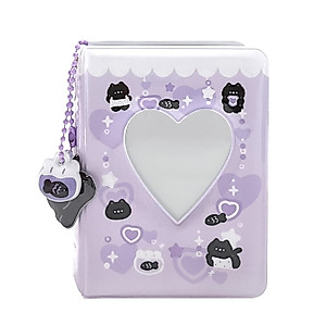 3 Inch Mini Photo Album, Heart Hollow Card Binder Photo Album Kpop Photo Card Holder with Pendant 40 Pockets (purple black cat)
